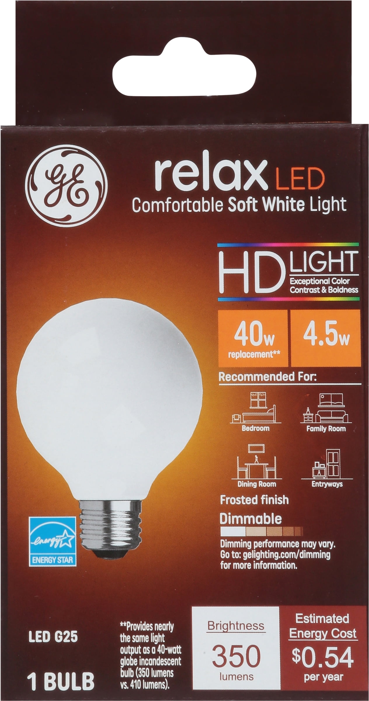 GE Lighting Relax Dimmable LED Light Bulbs, 40W Eqv, Soft White HD, G25 ...