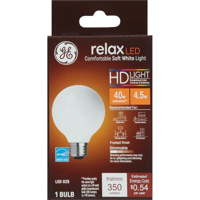 GE Lighting Relax Dimmable LED Light Bulbs, 40W Eqv, Soft White HD, G25 ...