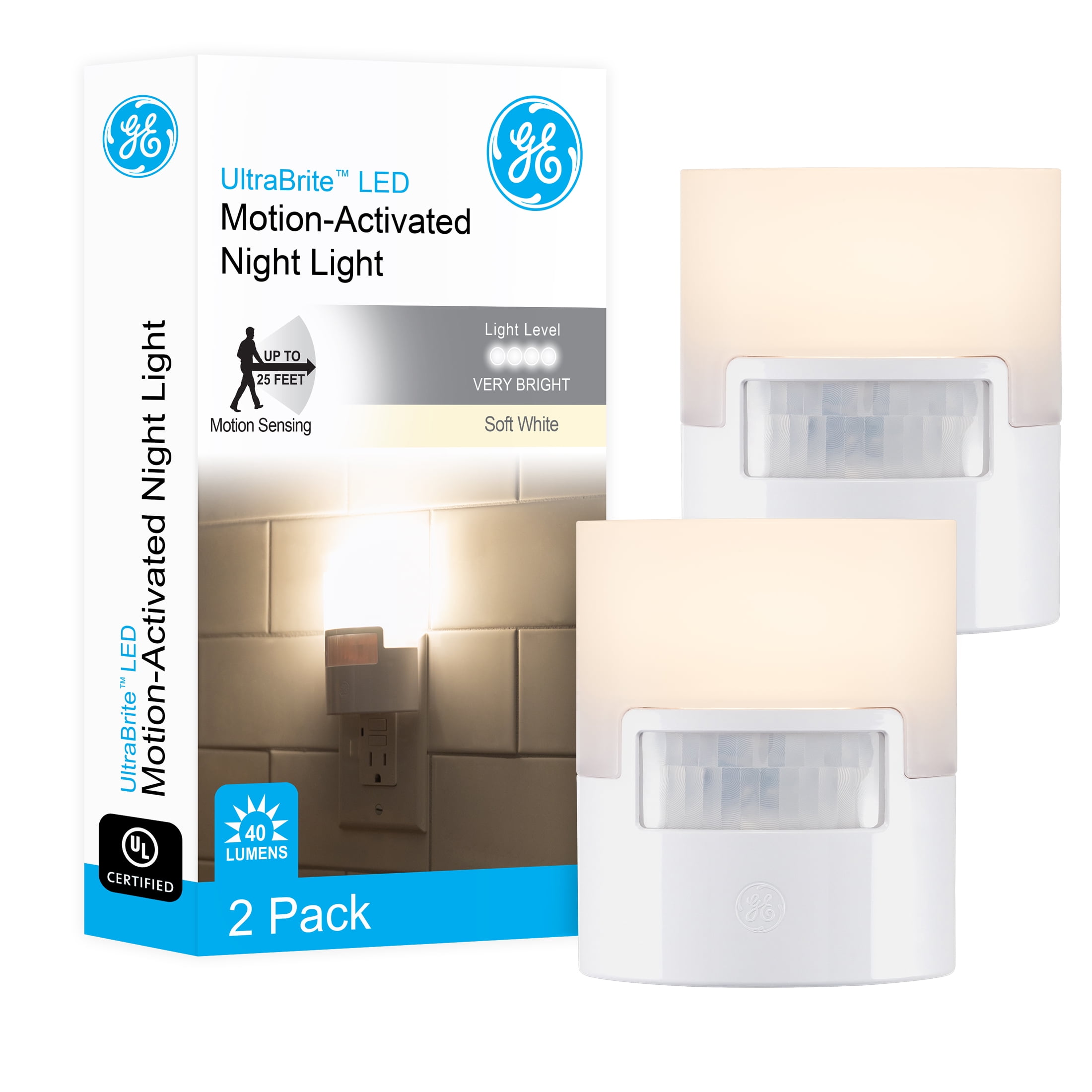 GE Motion Activated Soft White LED Night Lights, 2 Pack, Plug in, 3.63 ...