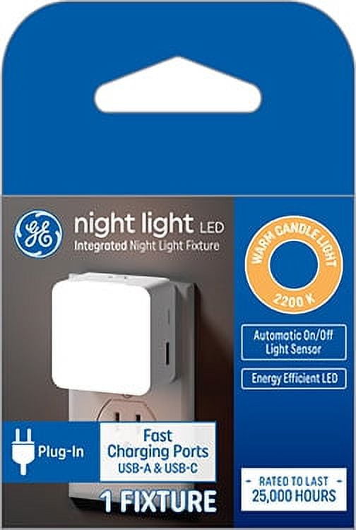 GE Night Light Plug-in Fixture with USB-A and USB-C Charging Ports with ...
