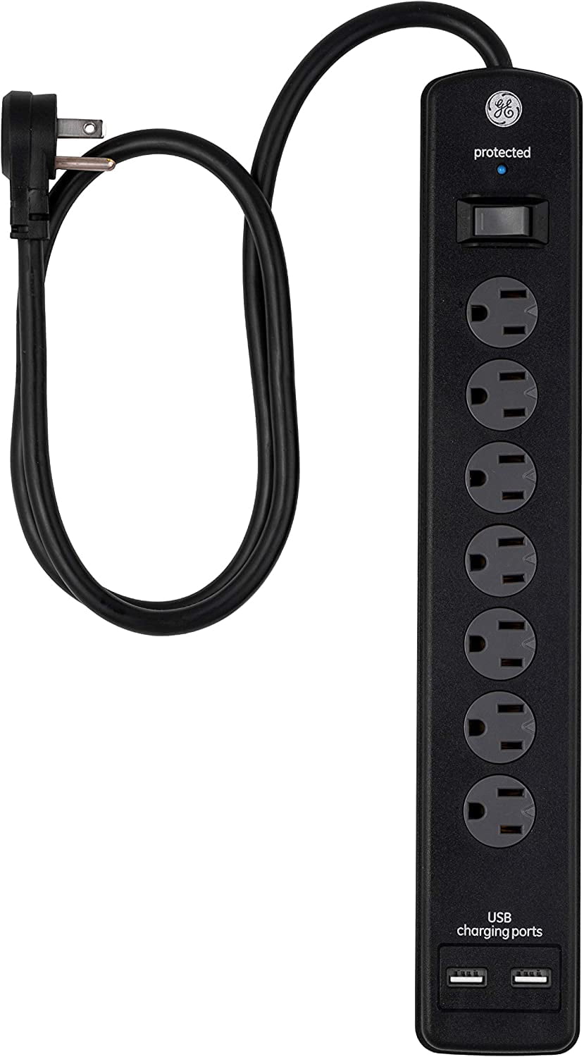 GE Pro 7-Outlet Surge Protector, 2 USB Ports, 3 Ft Power Cord, 1300 ...
