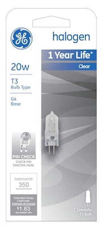 GE, Q20T3/CL/CD, 20W, T3 Bulb Shape, 2 Pin Quartz Halogen Lamp, G4 Bas ...