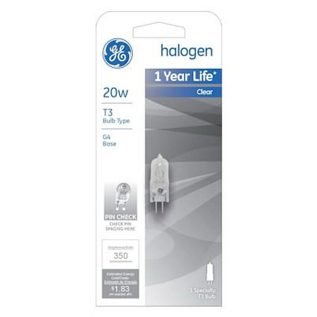GE, Q20T3/CL/CD, 20W, T3 Bulb Shape, 2 Pin Quartz Halogen Lamp, G4 Bas ...