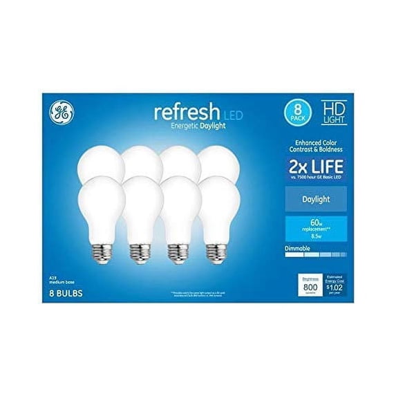 GE, Refresh 60-Watt EQ A19 Daylight Dimmable LED Light Bulb, 8pk ...