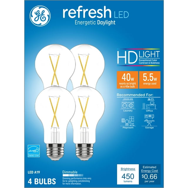 GE Refresh HD LED Light Bulbs, 40 Watts, Daylight, A19 Bulbs, Medium Base, Clear Finish, 4pk ...