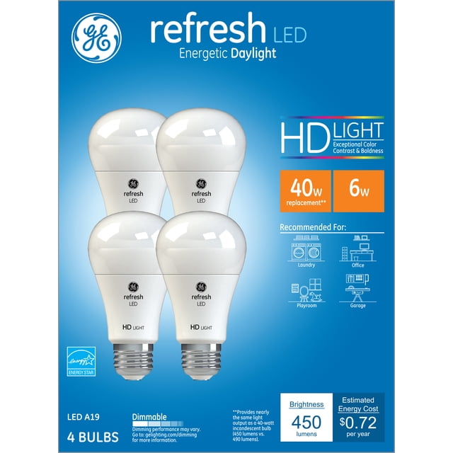 GE HD Refresh LED Light Bulbs, Daylight, 40 Watt Eqv, A19, 4pk ...