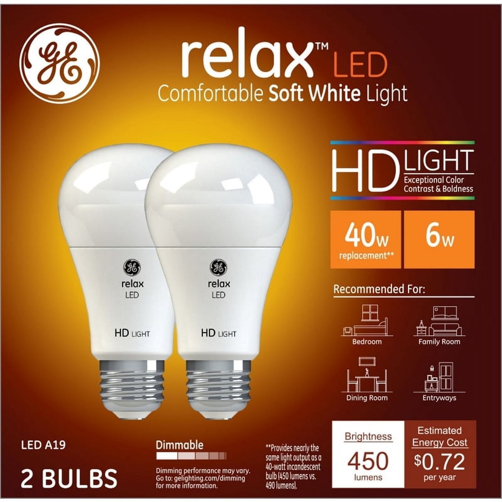 GE Lighting 98255 Relax HD LED Light Bulbs, Soft White, 450 Lumens, 6 ...