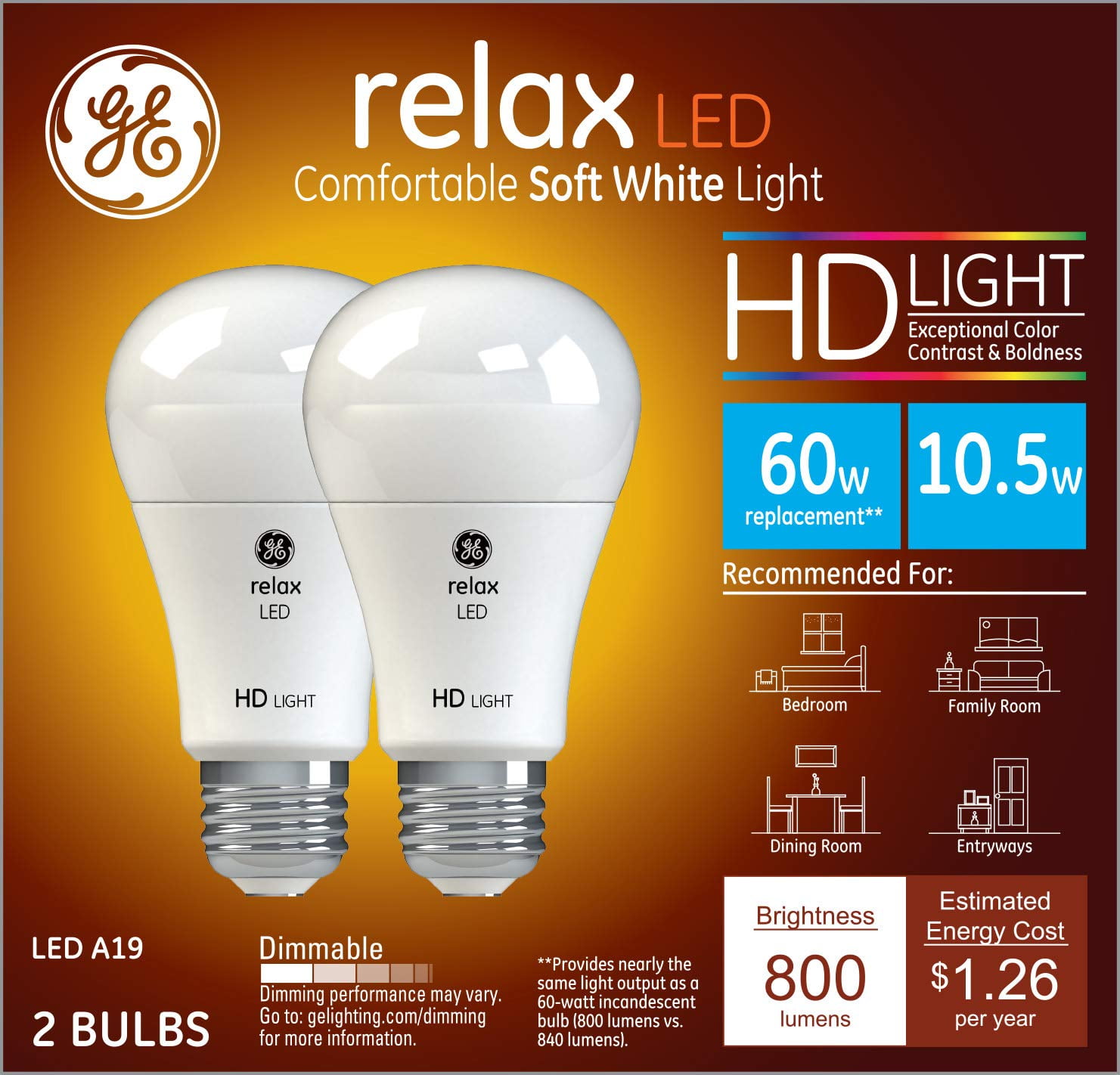 GE Lighting 36835 Light Bulb Relax HD Dimmable LED A19 10.5 (60-Watt ...