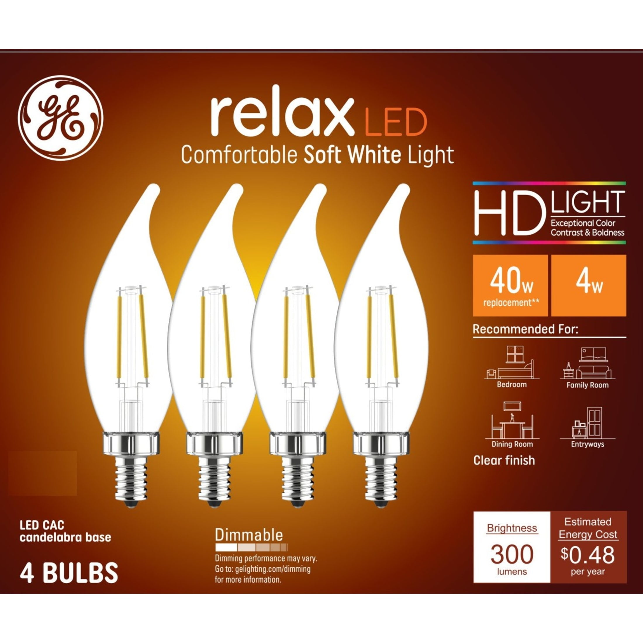 GE Relax HD LED Light Bulbs, 40 Watts, Soft White, CA11 Candle Bulbs ...