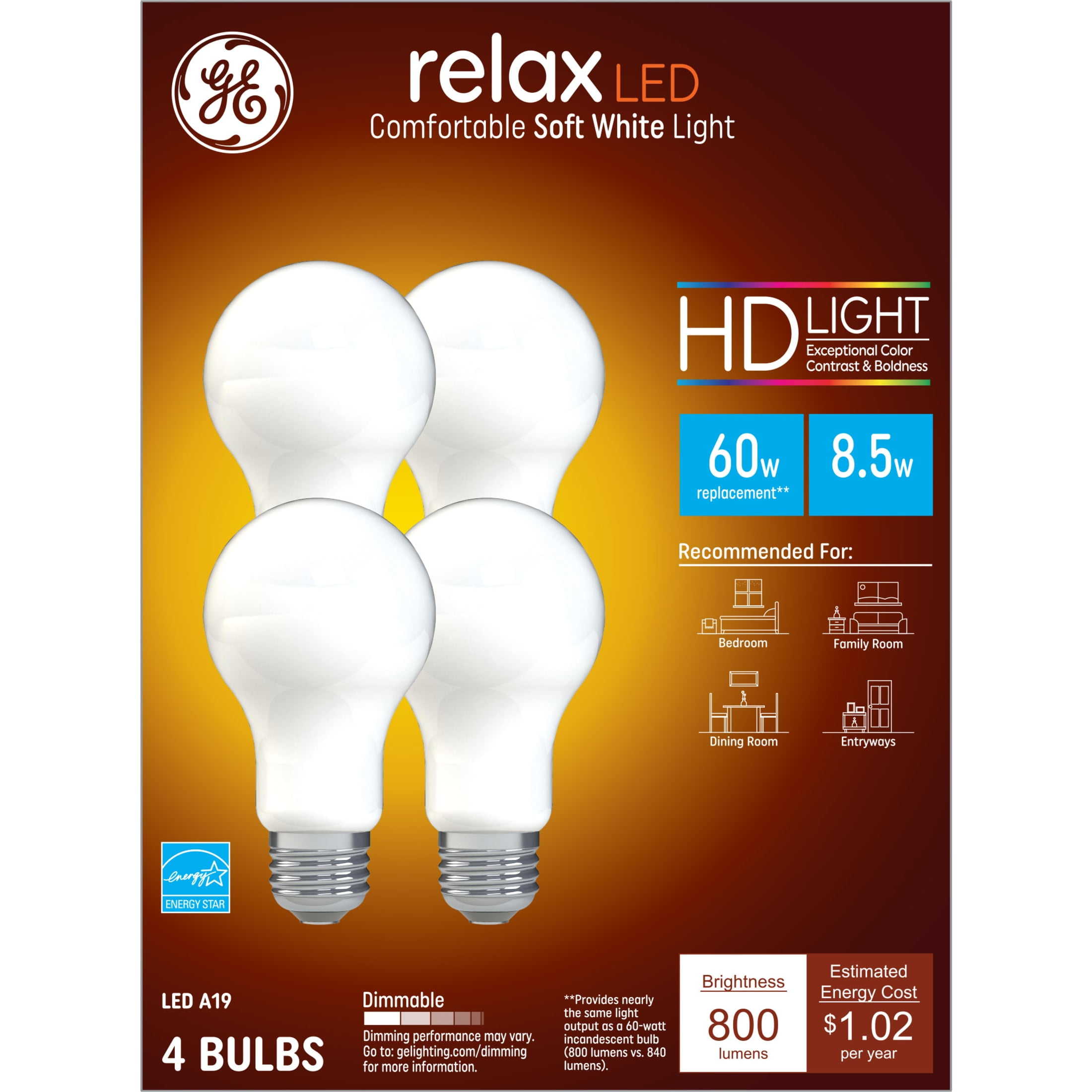 GE Relax HD LED Light Bulbs, 60 Watt, Soft White, A19 Bulbs, Medium Base, Frosted Finish, 4pk ...