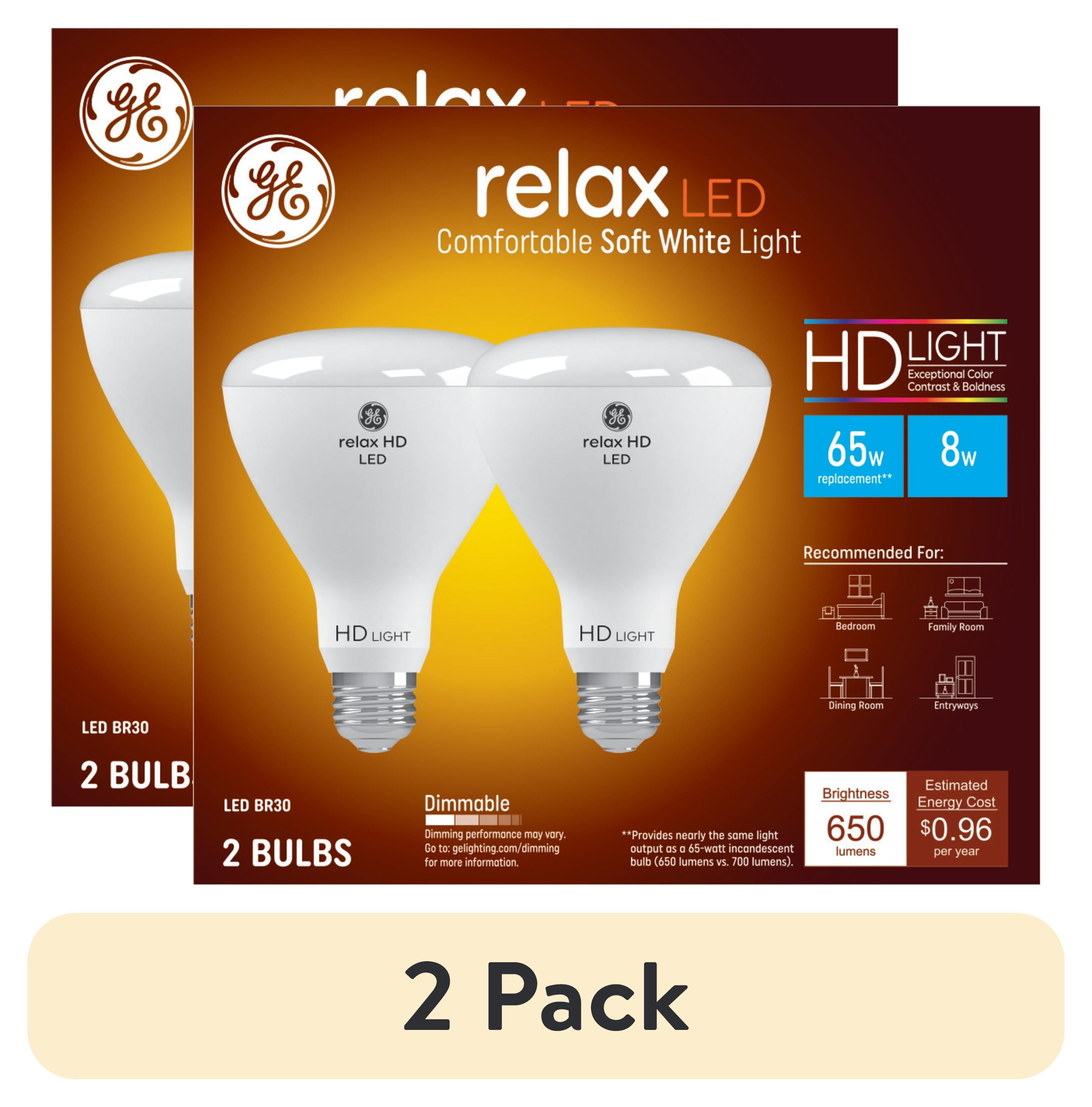 (2 pack) GE Relax HD LED Light Bulbs, 65 Watt, Soft White, BR30 Indoor ...