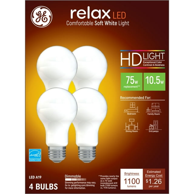 GE Relax HD LED Light Bulbs, 75 Watt, Soft White, A19 Bulbs, 4pk ...