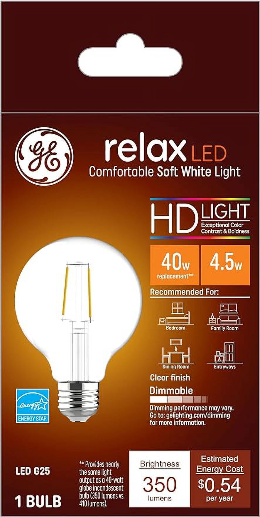 GE Relax LED Light Bulb, 40 Watt Eqv, Soft White, G25 Globe Bulb, Clear ...