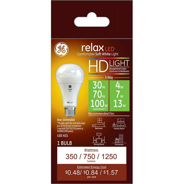 GE Relax LED Light Bulb, Soft White, 3-Way 30/70/100 Watt Replacement ...