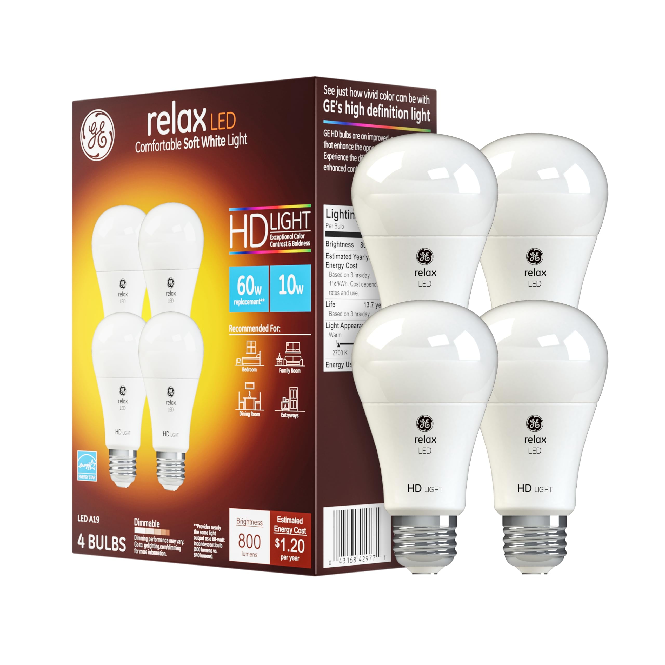GE Relax LED Light Bulbs, 60 Watt, Soft White, A19 (4 Pack) - Walmart.com