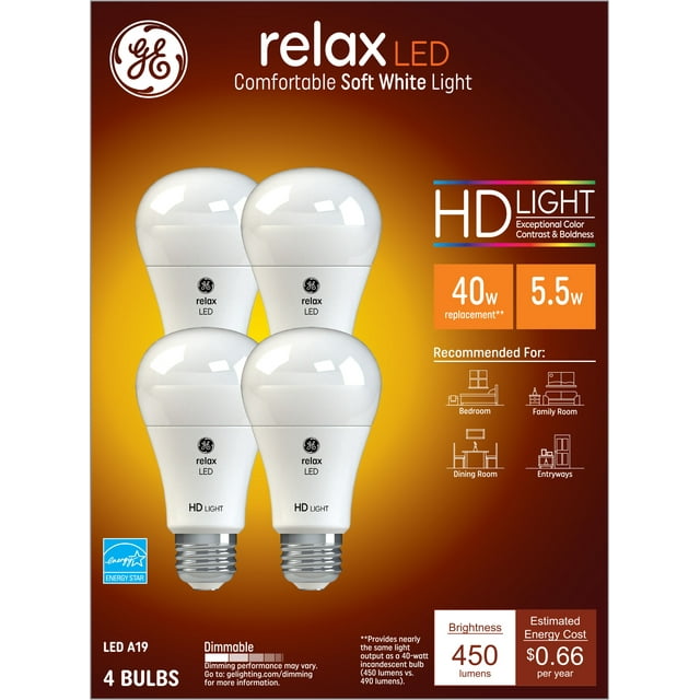 GE Relax LED Light Bulbs, Soft White, 40 Watts Eqv, A19 General Purpose Bulb, 4pk - Walmart.com