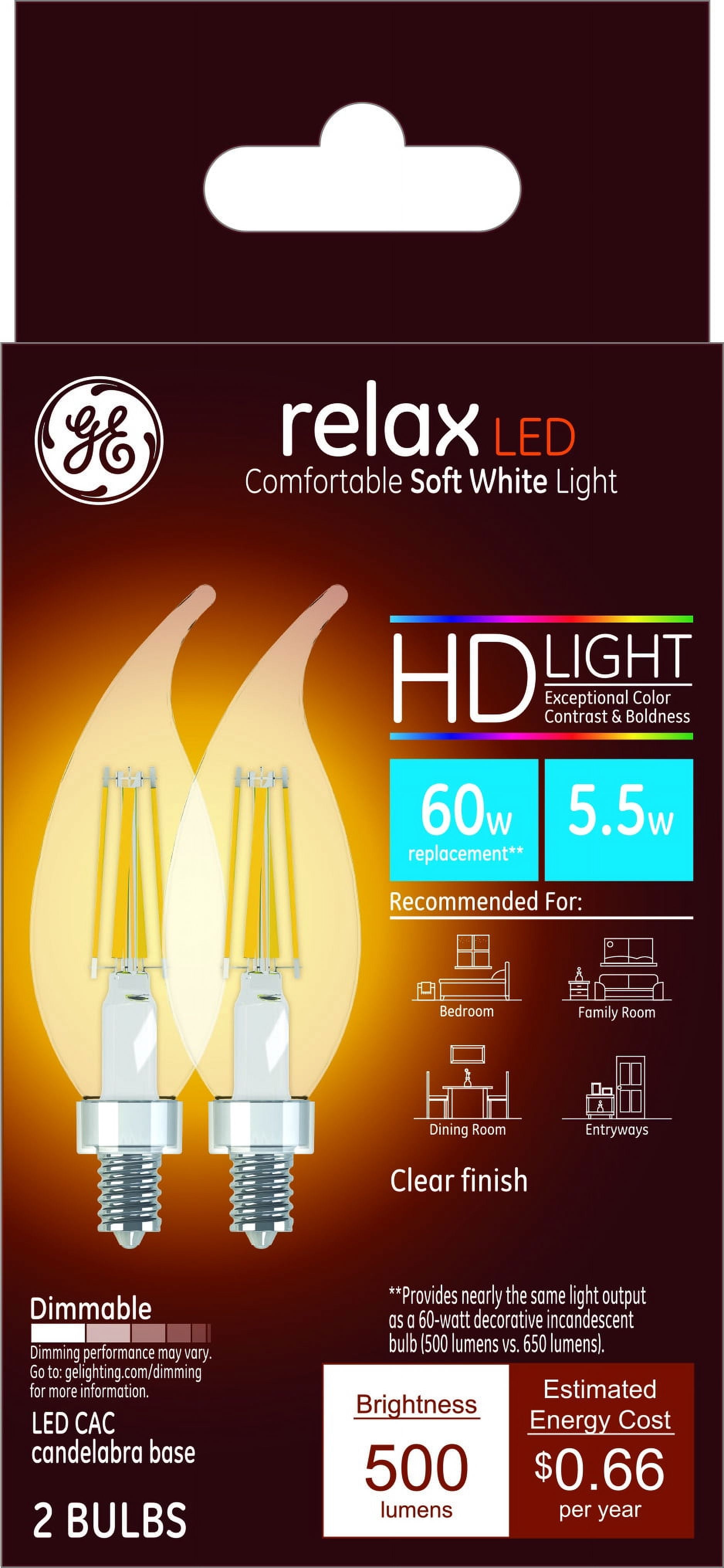 GE Relax LED Light Bulbs, Soft White, Clear Finish Bent Tip Shape Bulb ...