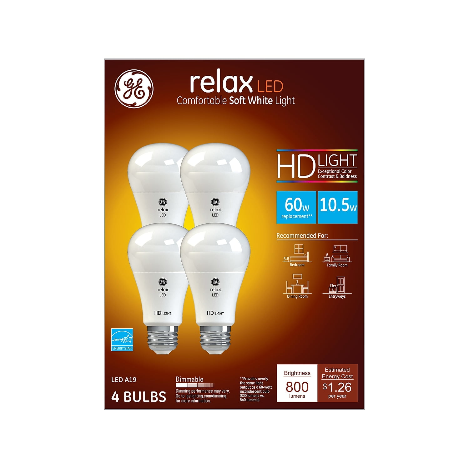GE Relax Lightbulb LED 60W 4/Box (42977) - Walmart.com
