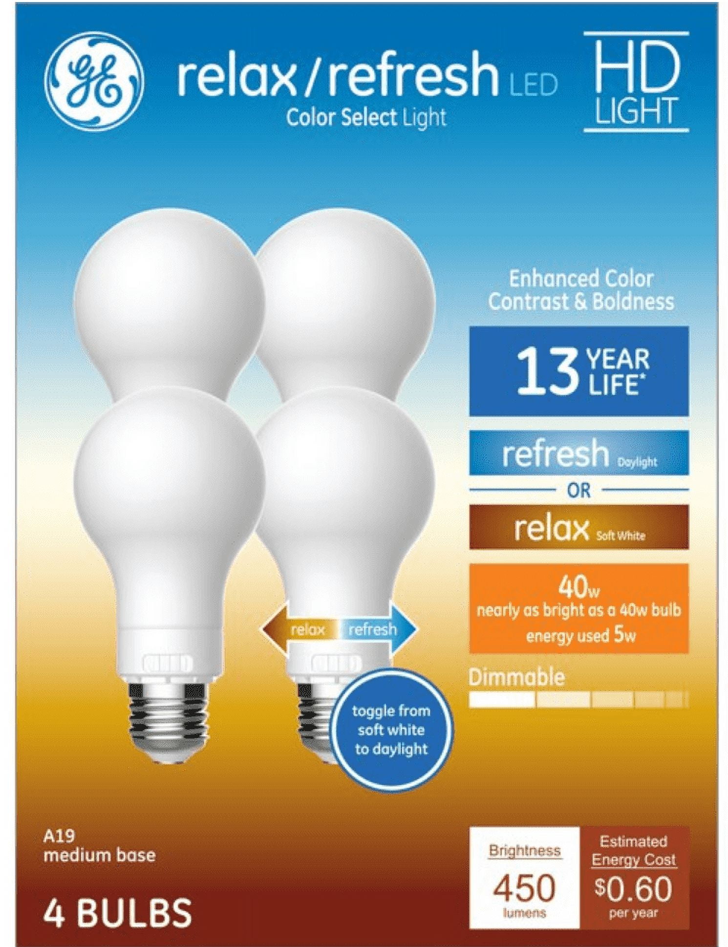 GE Relax/Refresh LED 5W 2700K/5000K A19 Dimmable General Purpose Light ...