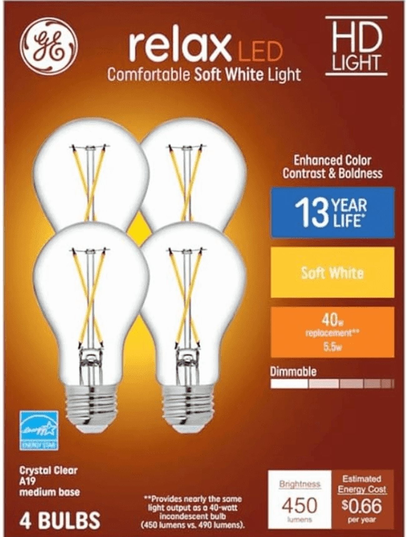 GE Relax Soft White A19 Crystal Clear Light Bulb 4 Pack - Walmart.com