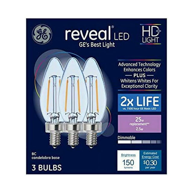 GE Reveal 25-Watt EQ Color-Enhancing Dimmable Candle Light Bulb (3-Pack ...