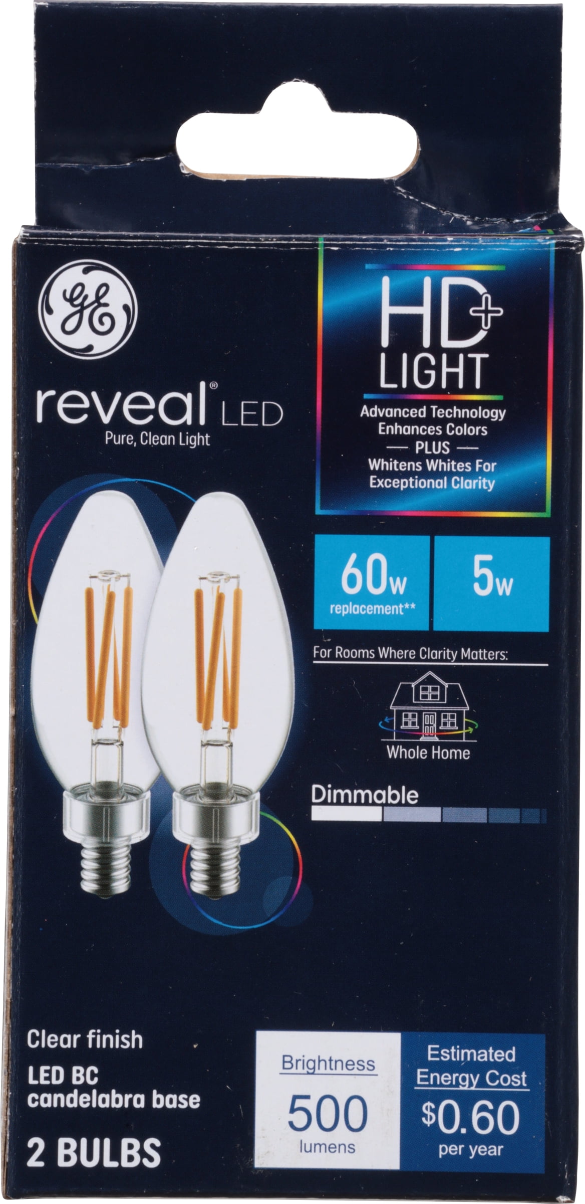 GE Reveal LED Light Bulbs, Candle Lights, 60 Watts, Clear Decorative ...