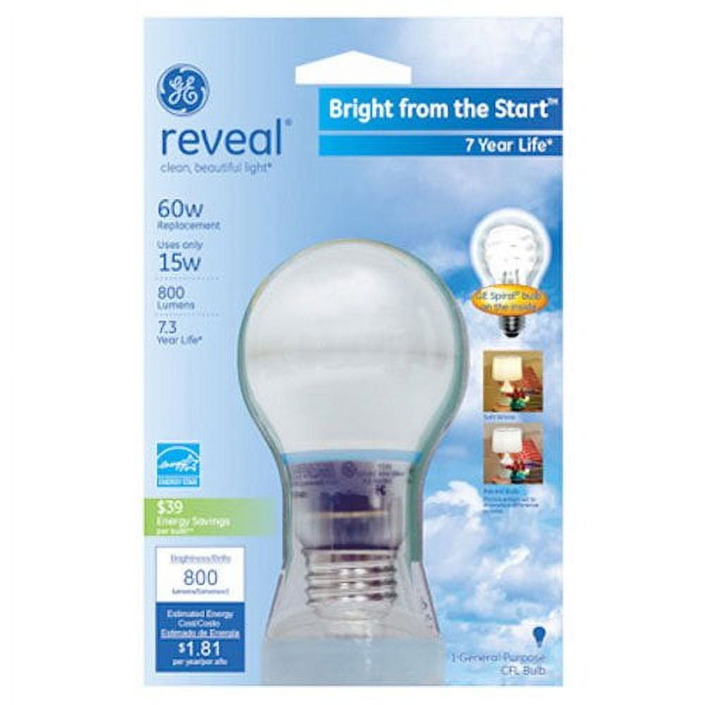 GE Reveal Light Bulb, Bright From The Start CFL 15 Watt A19 1-Pack ...