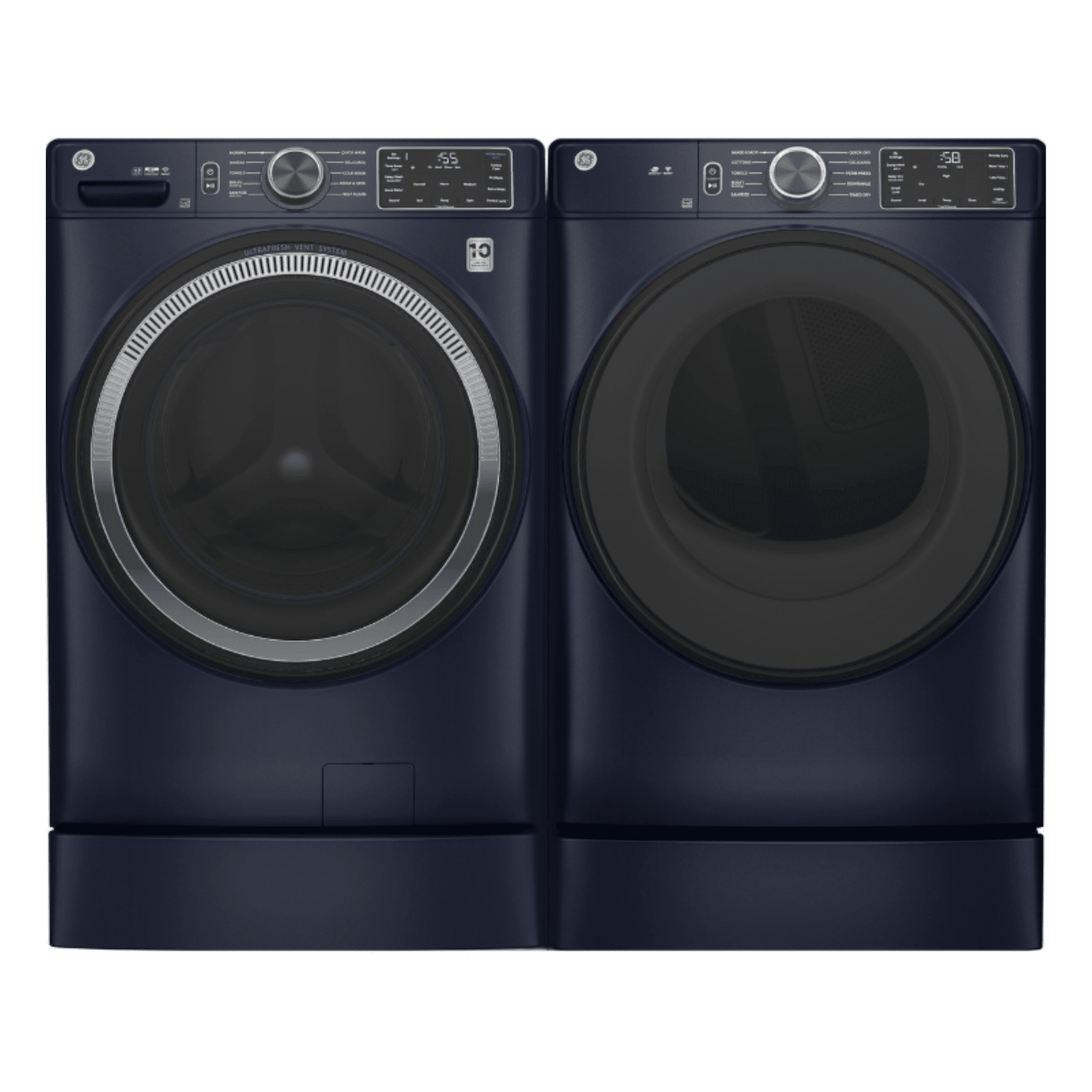 GE Side by side on Risers Front Load Washer and Electric Dryer Set ...