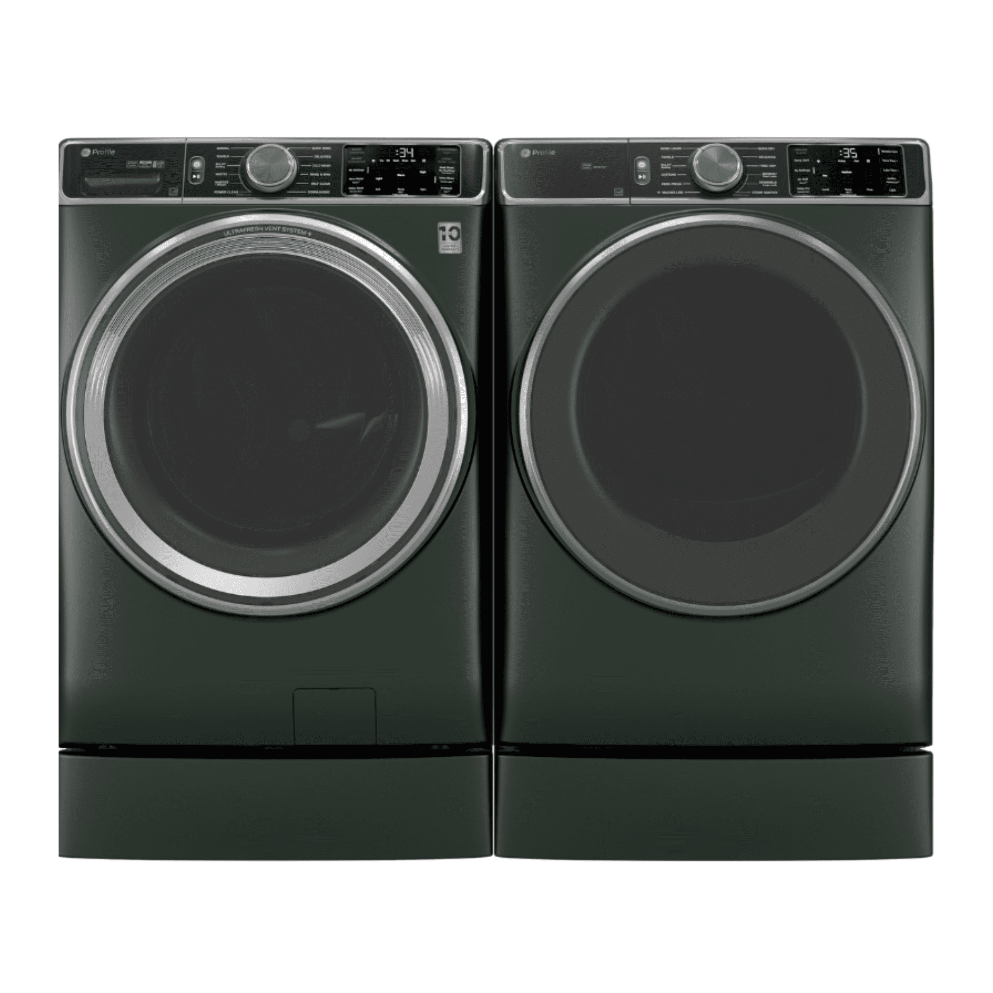 GE Side by side on Risers Front Load Washer and Electric Dryer Set ...