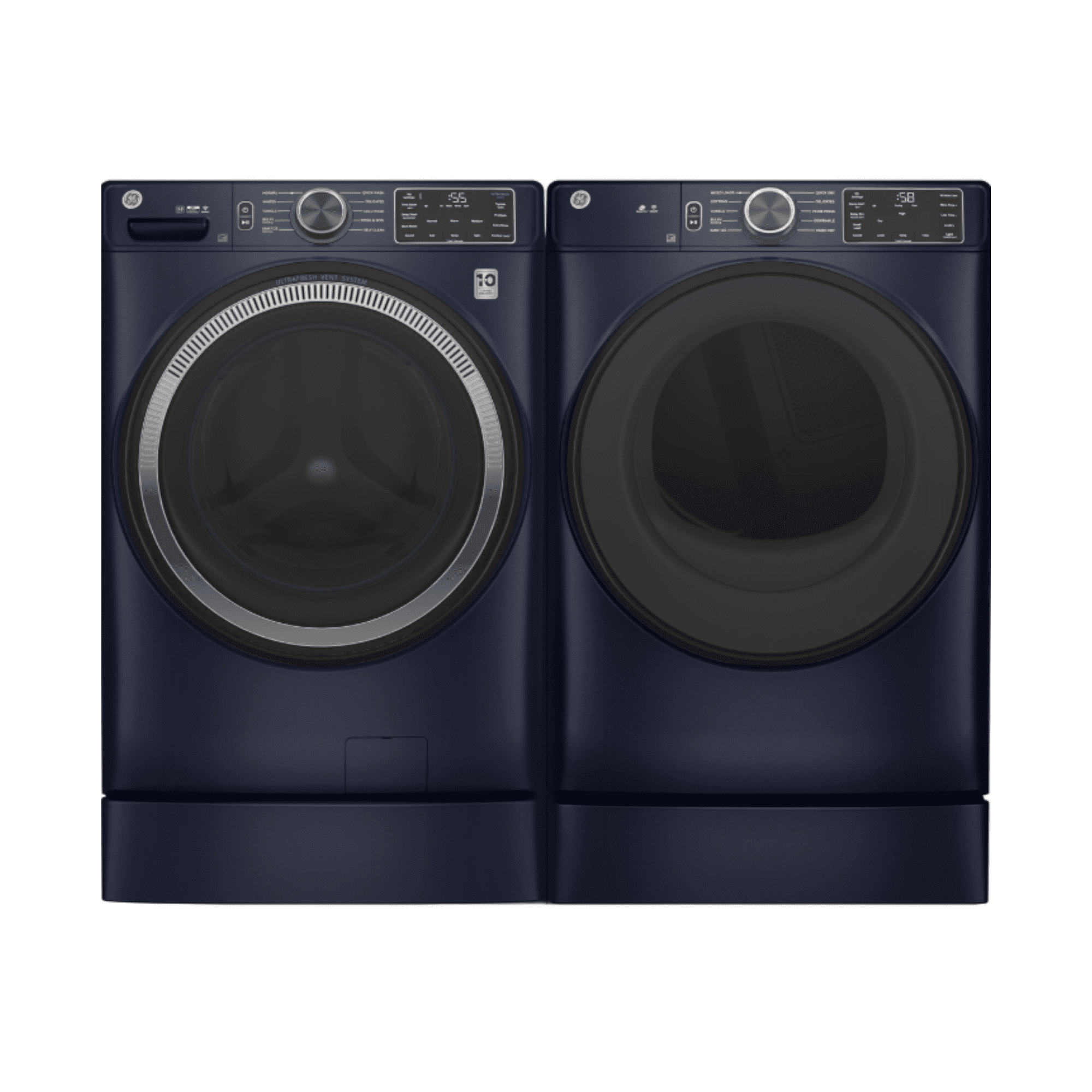 GE Side by side on Risers Front Load Washer and Gas Dryer Set ...