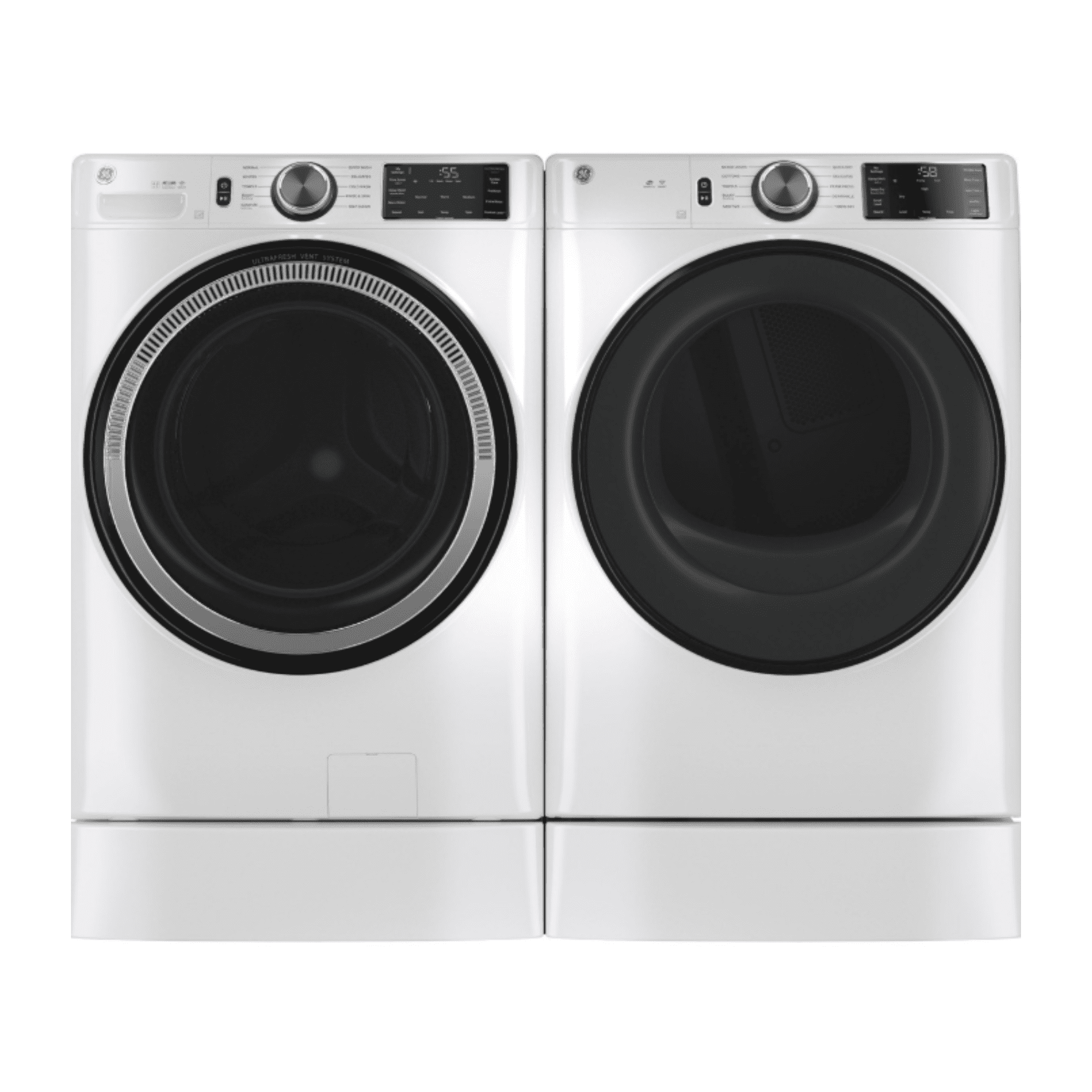 GE Side by side on Risers Front Load Washer and Gas Dryer Set ...