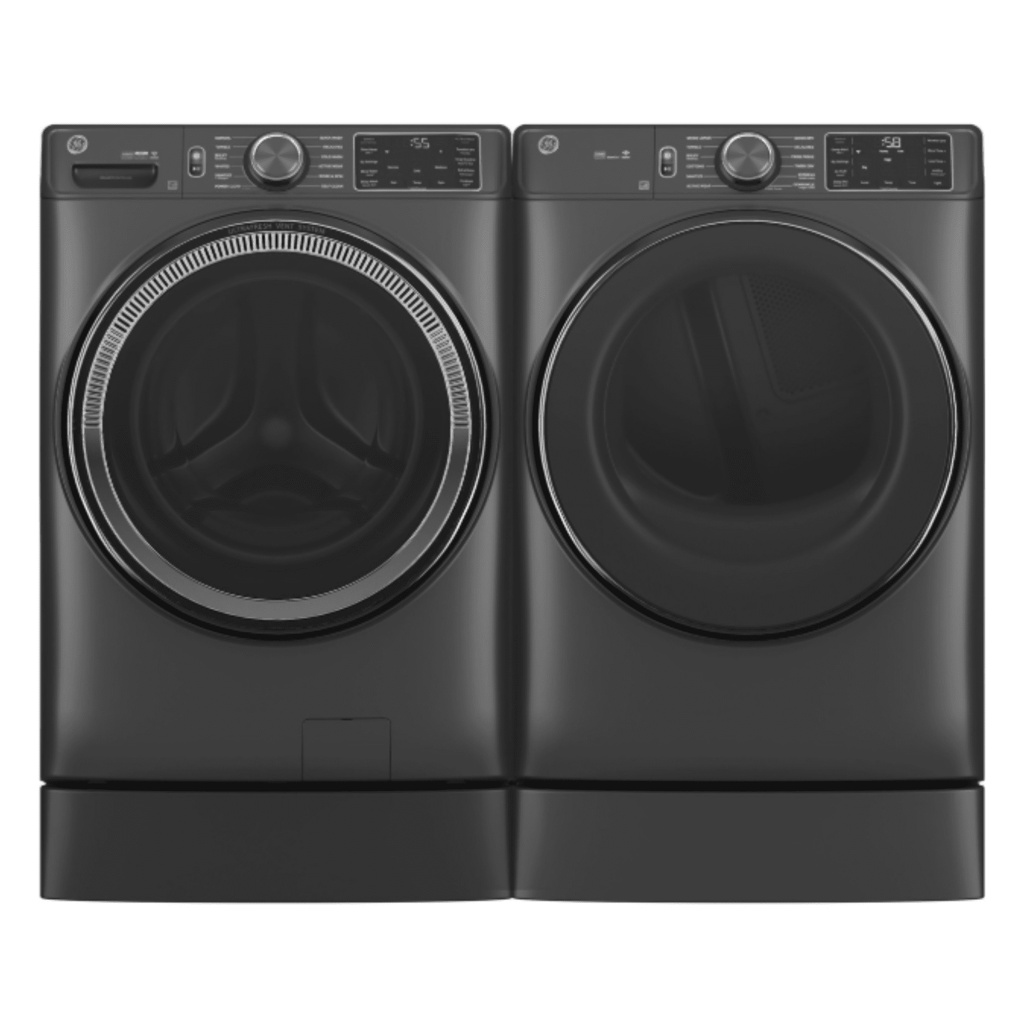 GE Side by side on Risers Front Load Washer and Gas Dryer Set ...