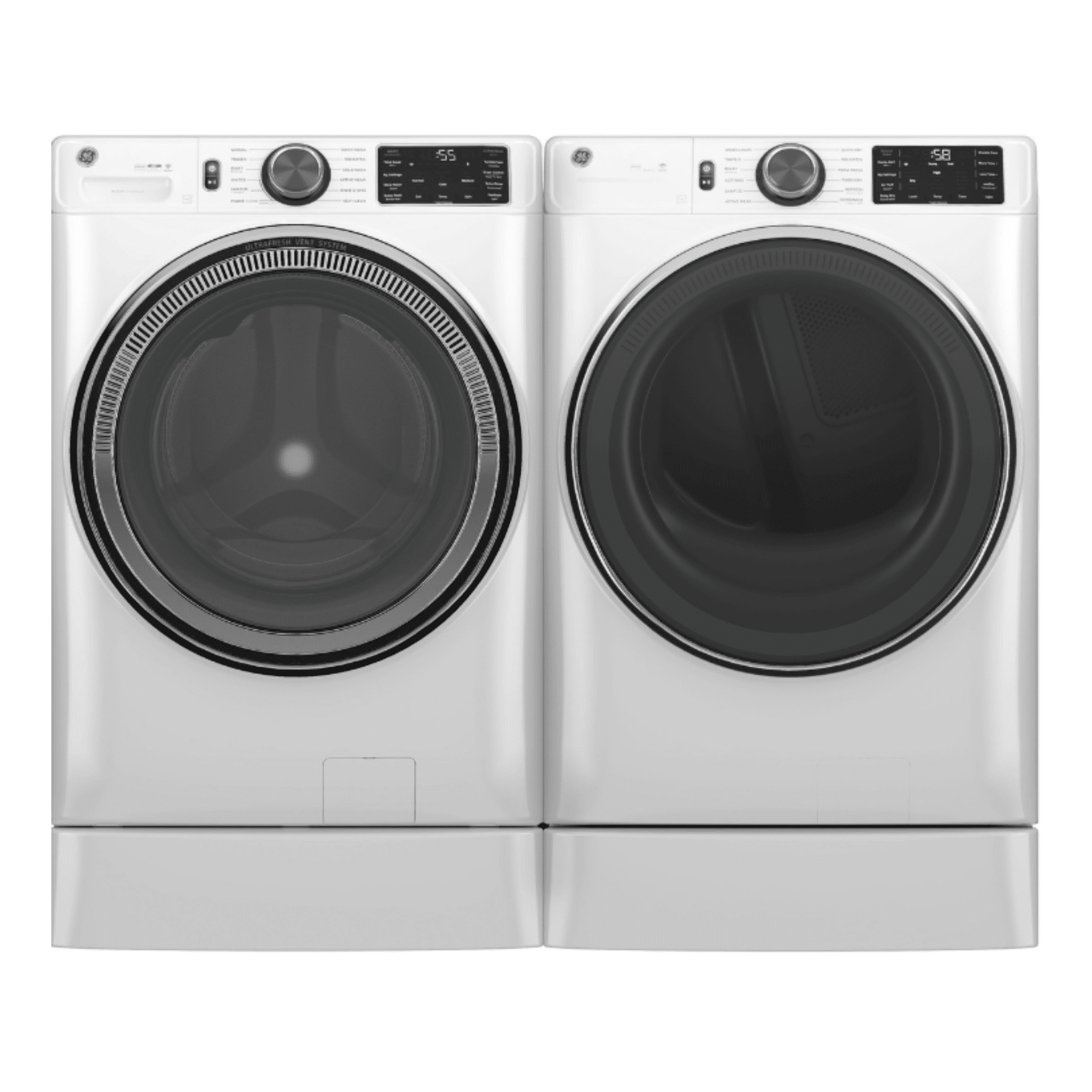 GE Side by side on Risers Front Load Washer and Gas Dryer Set ...