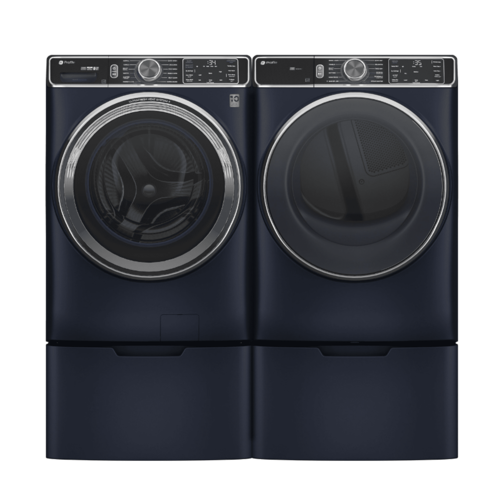 GE Side by side on pedestals Front Load Washer and Gas Dryer Set ...