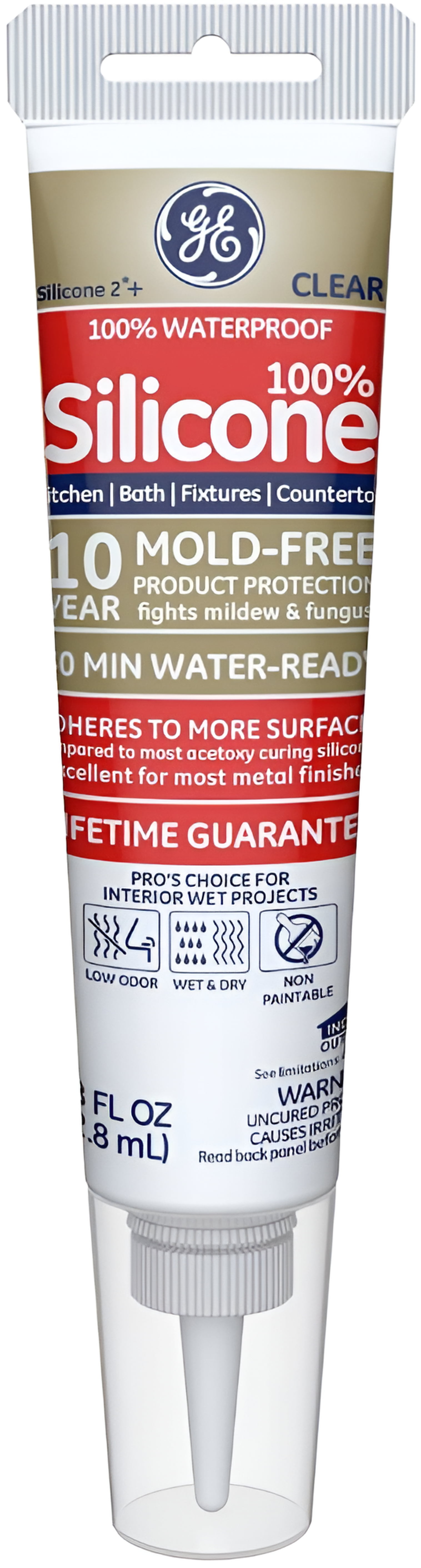 GE Silicone 2+ Waterproof Kitchen & Bath Sealant Caulk, 2.8oz, Clear ...