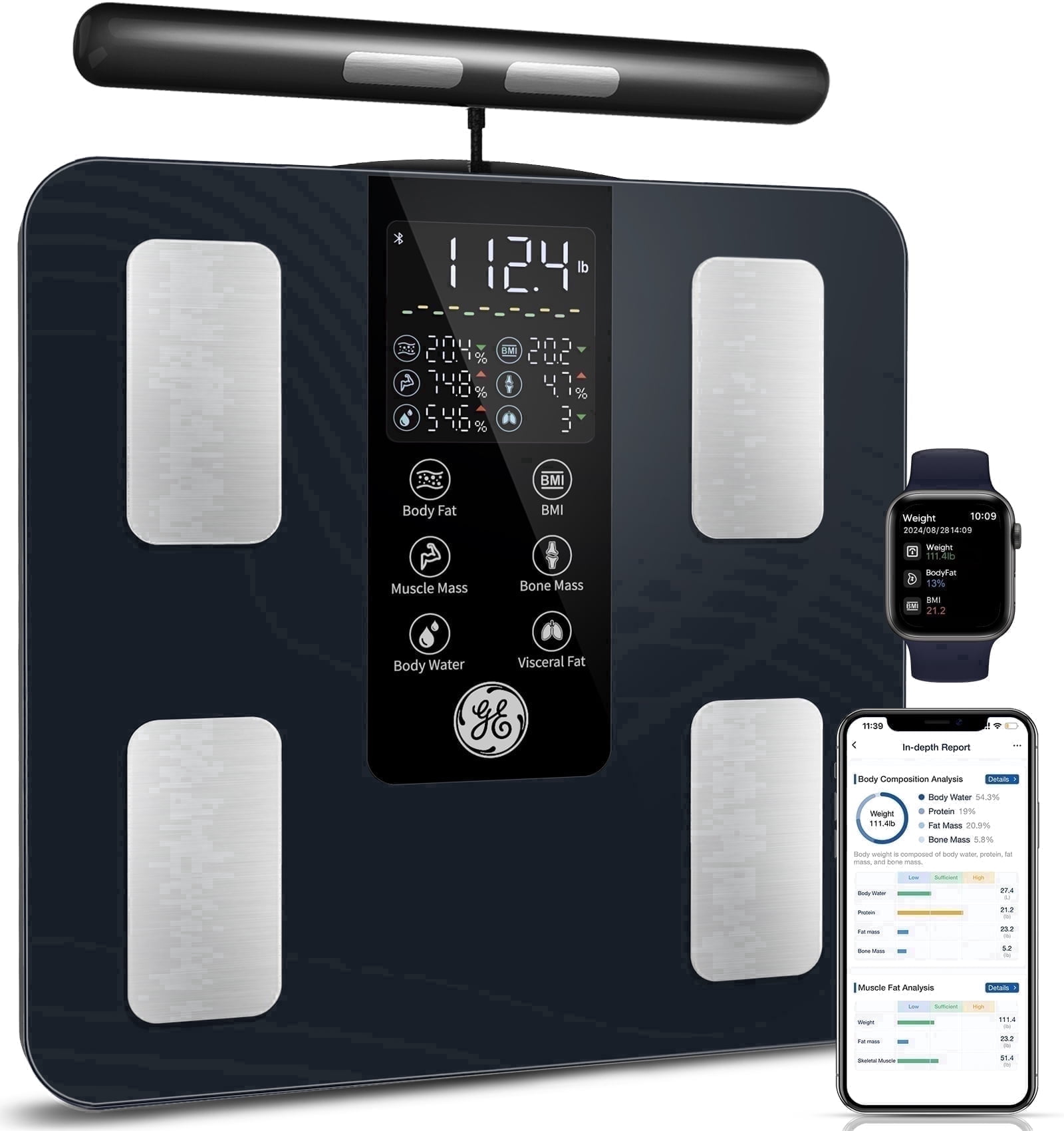 GE Smart Body Fat Scale 8 Electrode - Bluetooth, BMI, Muscle, Water ...