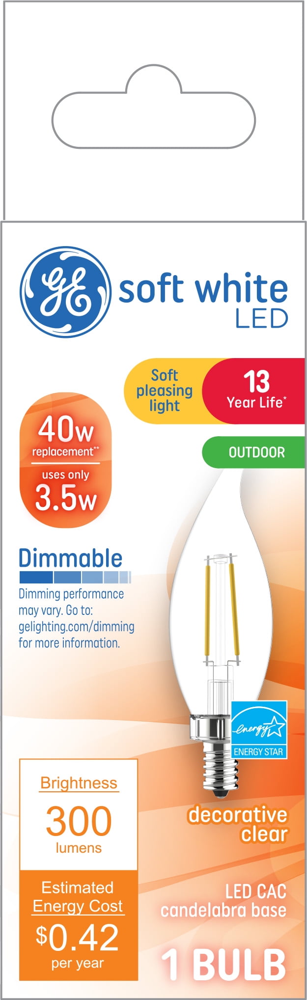 GE Soft White LED Decorative Light Bulbs, 40 watts Eqv, Candelabra Base, 13yr - Walmart.com