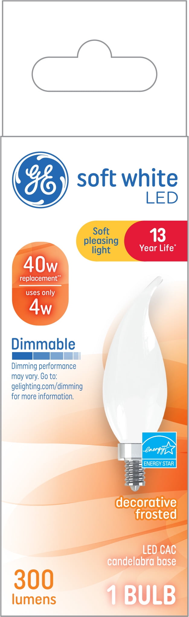 GE Soft White LED Decorative Light Bulbs, 40 watts Eqv, Candelabra Base, 13yr - Walmart.com