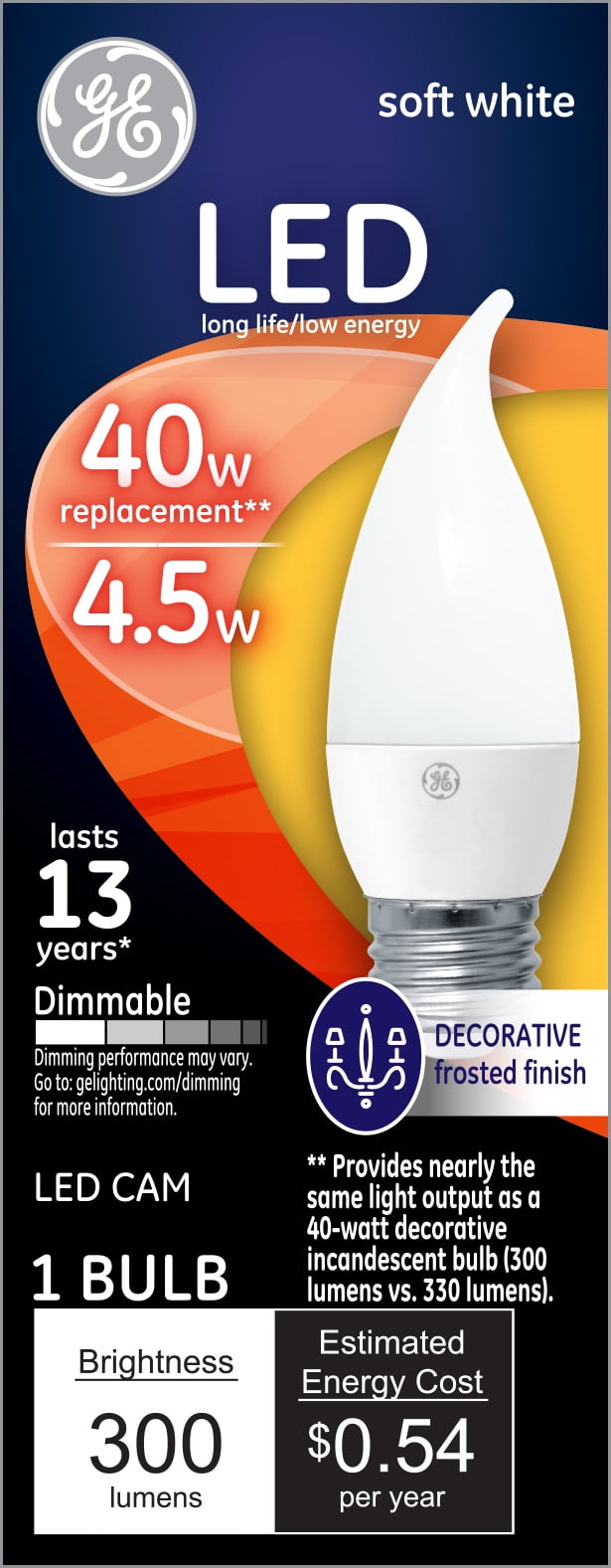 GE Soft White LED Decorative Light Bulbs, 40 watts Eqv, Medium Base, 13yr, 1pk - Walmart.com