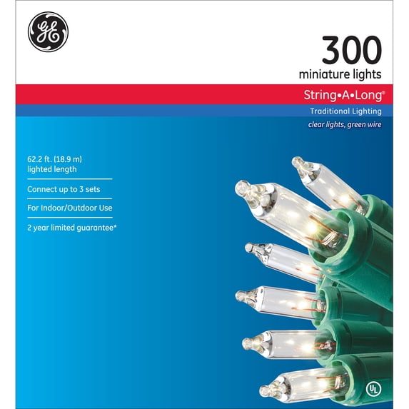 GE String-A-Long 300 Miniature String Lights, Clear, Indoor Outdoor ...