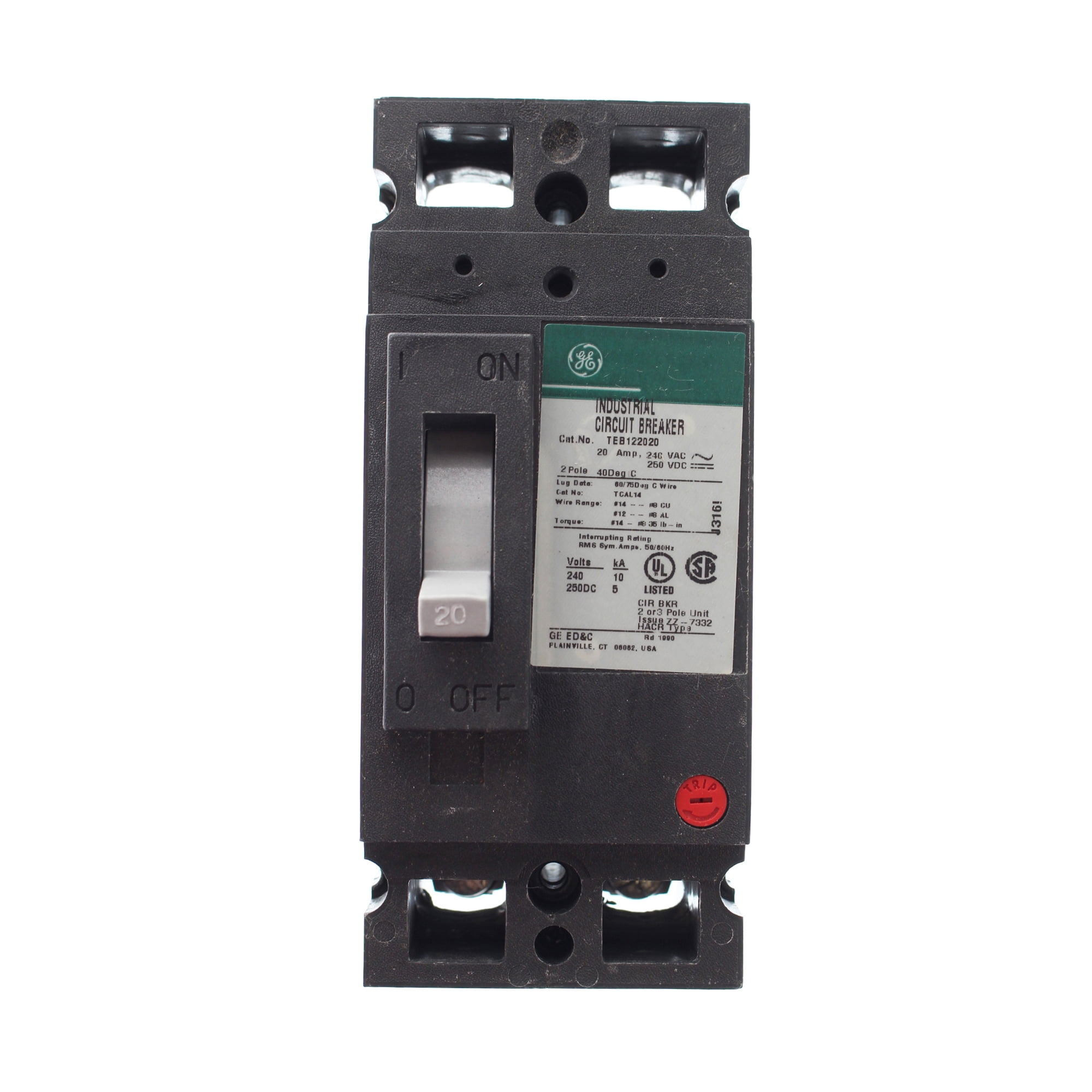 GE TEB122020 Circuit Breaker, 240-Volt, 2-Pole, 20-Amp, 10kAIC, Type ...