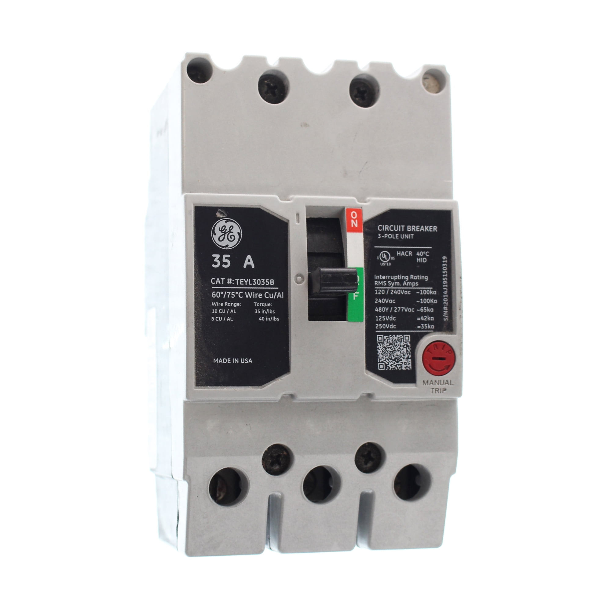 GE TEYL3035B Circuit Breaker, 277/480-Volt, 3-Pole, 35-Amp, 65kAIC ...