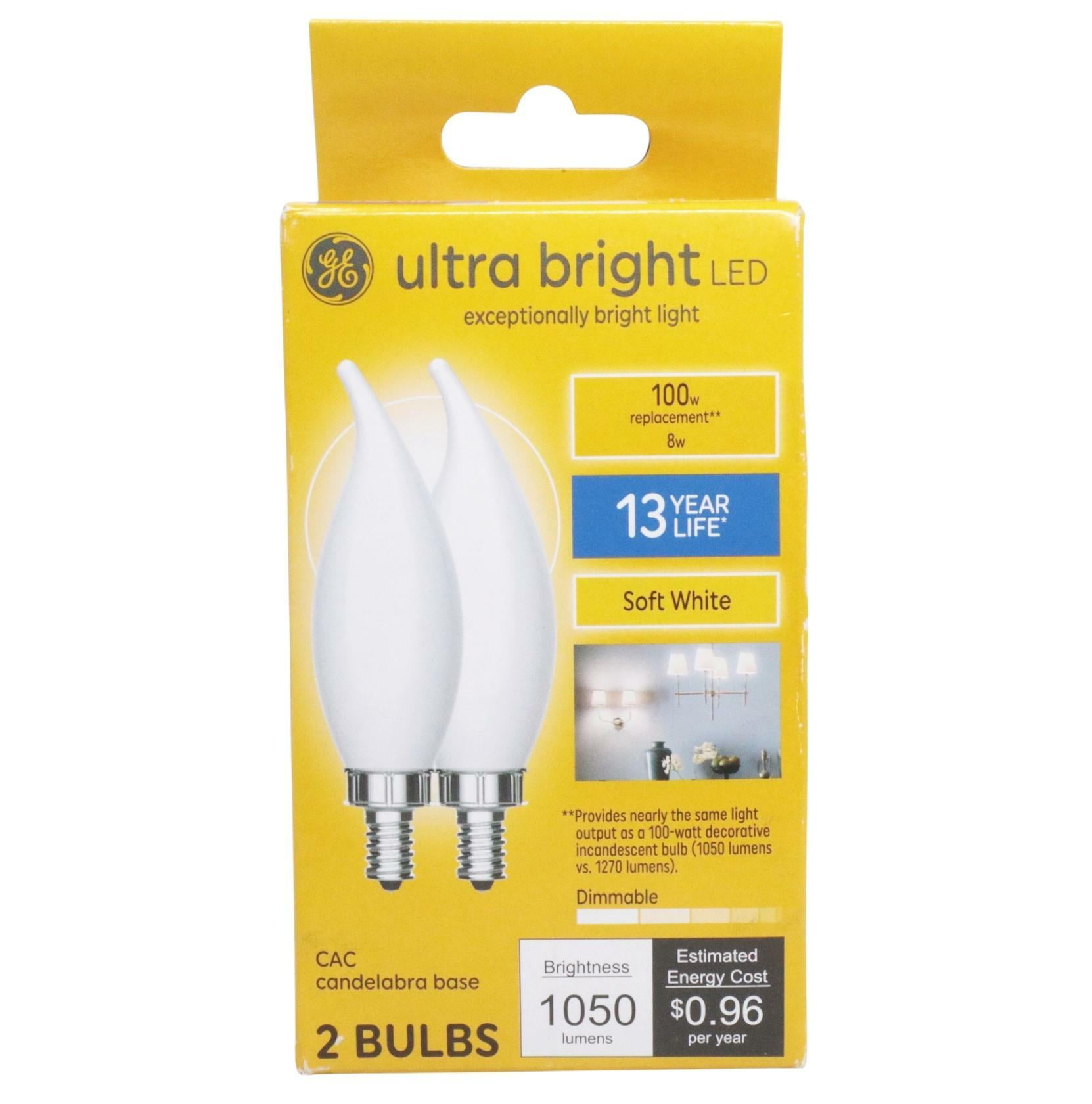 GE Ultra Bright LED CAC Candelabra Base 8W (100W EQ) Dimmable Soft ...