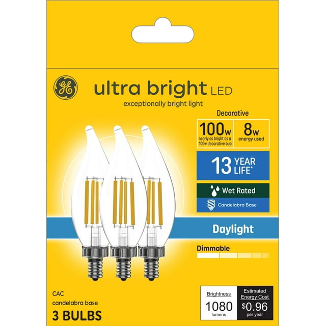 GE Ultra Bright LED Light Bulbs, 100 Watt, Daylight, CA12 Decorative ...