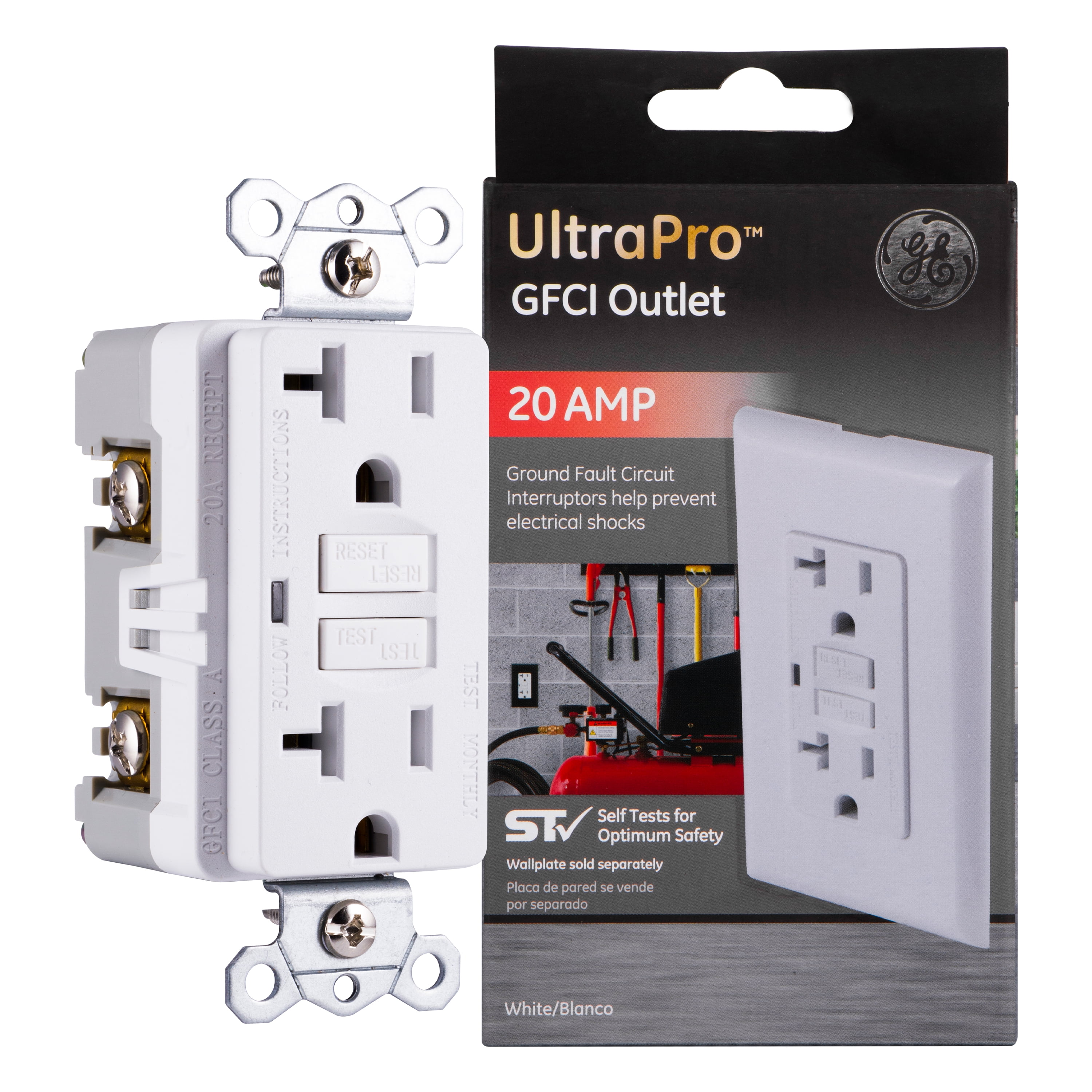 GE UltraPro 20A GFCI Outlet, White, Two Grounded Three-Prong Outlets ...