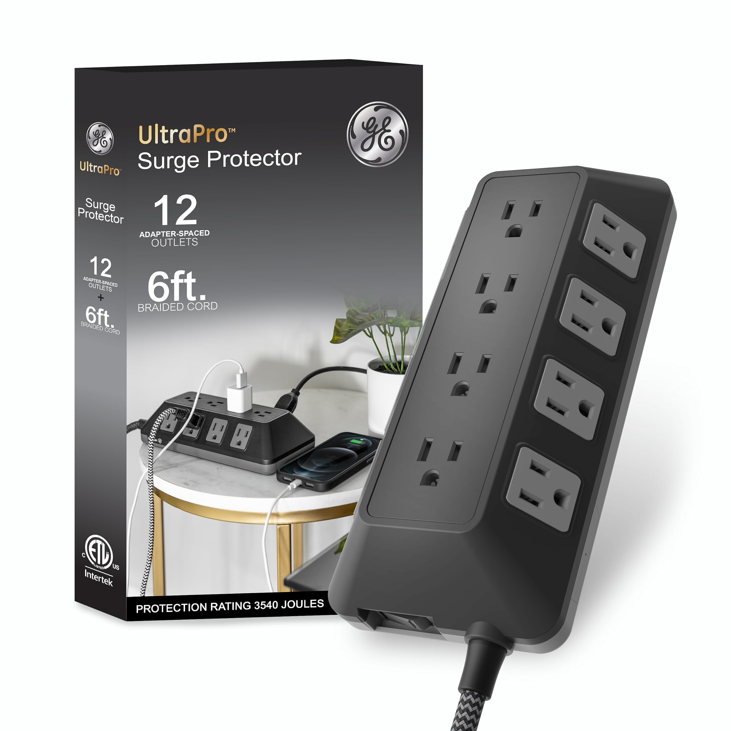 GE UltraPro Adapt 12-Outlet Surge Protector, 6ft Braided Heavy Duty ...