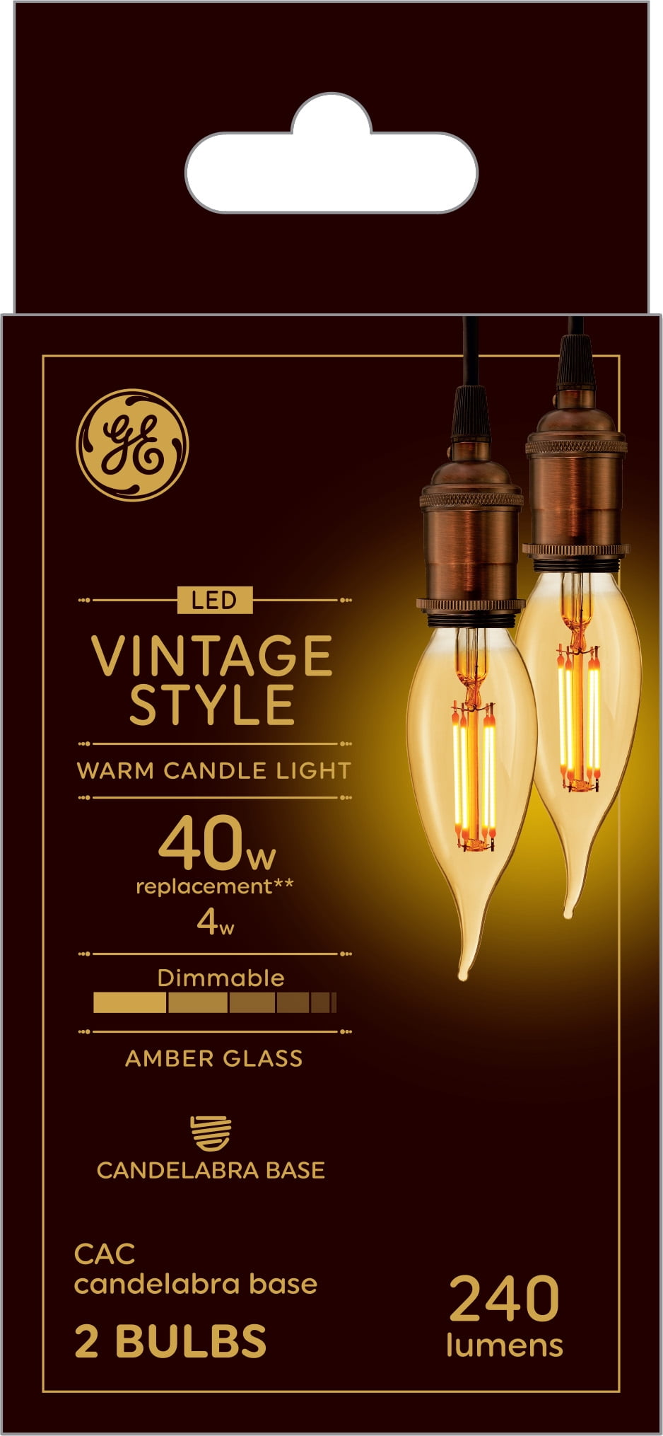 GE Vintage Style LED Decorative Light Bulbs, 40 Watt Eqv, Amber Finish, Candelabra Base, 2pk ...