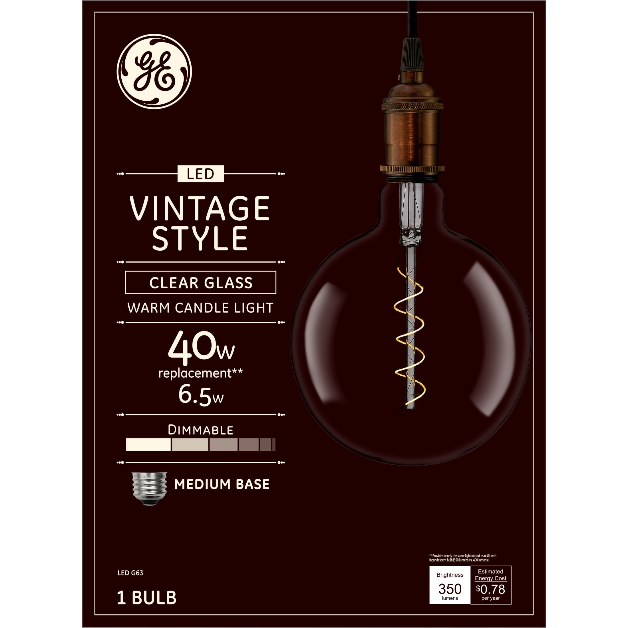 GE Vintage Style LED Light Bulbs, 40 Watt, G63 Globe Bulb, Medium Base - Walmart.com