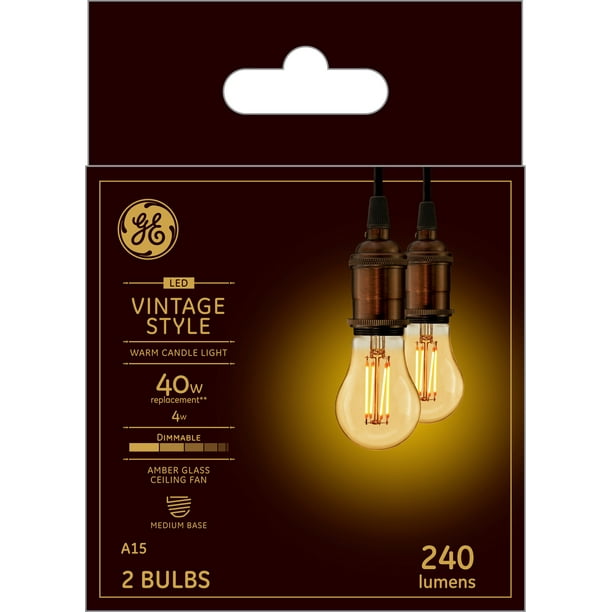GE Vintage Style LED Light Bulbs, Standard Bulb Shape, Amber Glass Finish, Warm Candle Light, 40 ...