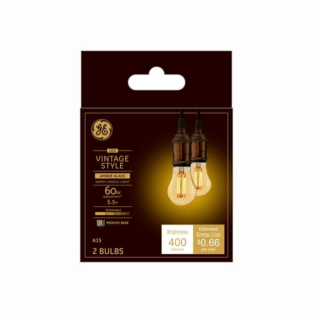 GE Vintage Style LED Light Bulbs, Standard Bulb Shape, Amber Glass Finish, Warm Candle Light, 60 ...